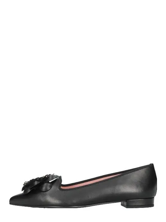 Pretty Ballerinas Pointed Leather Ballerina Flats With Floral Detail - Black