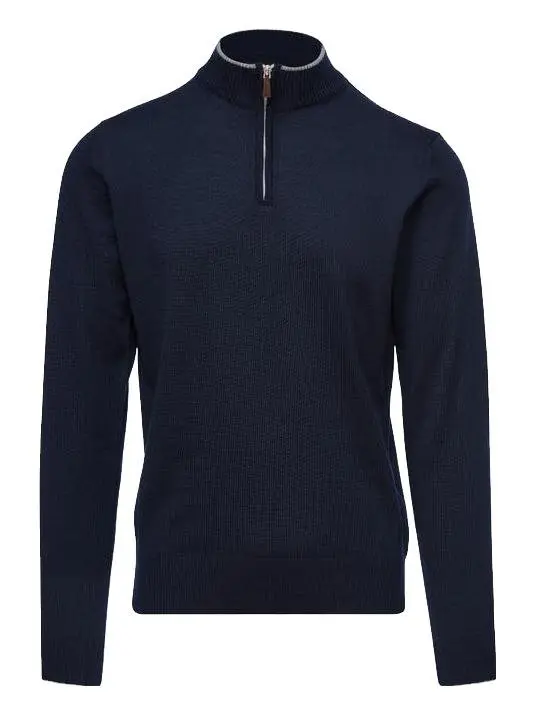 EMANUEL BERG Light Gauge High Neck Quarter Zip Merino Wool Sweater - Navy