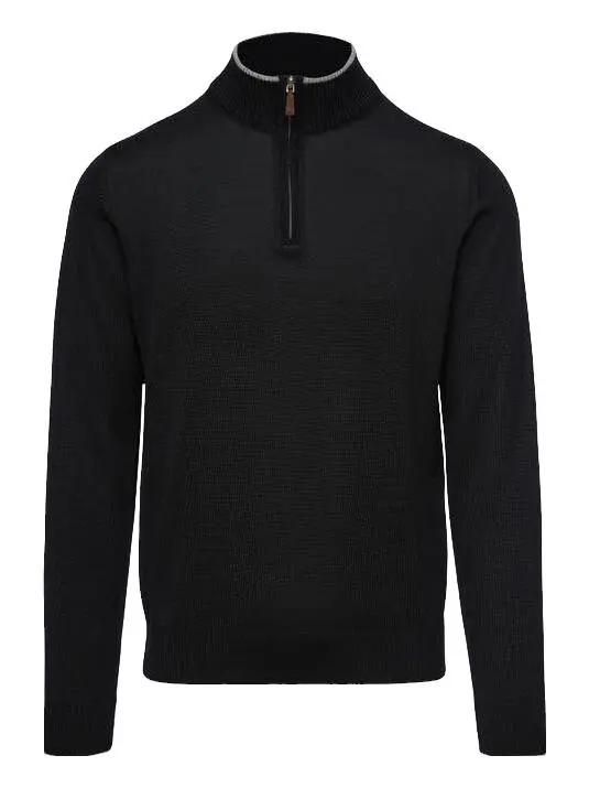EMANUEL BERG Light Gauge High Neck Quarter Zip Merino Wool Sweater - Black