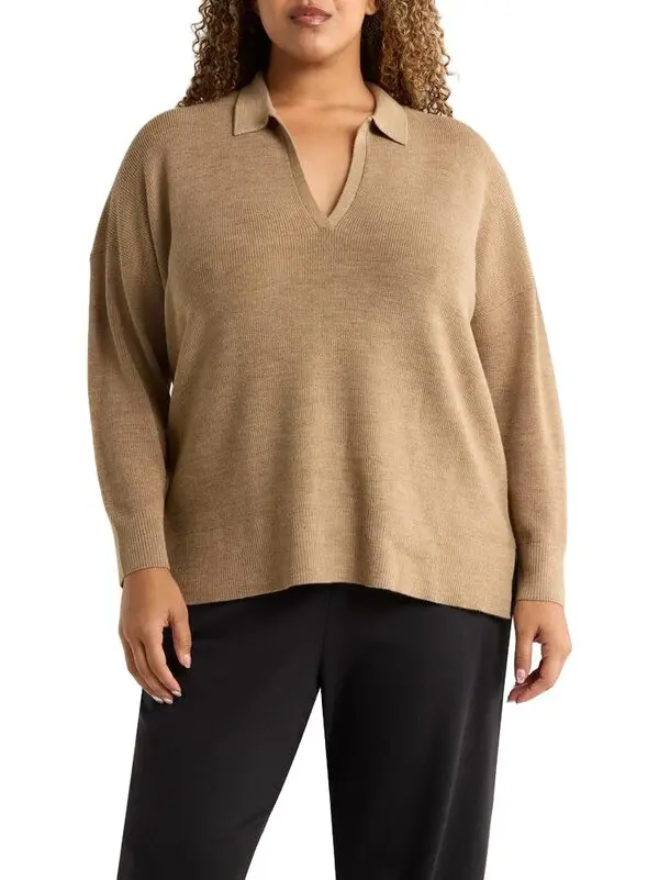 Eileen Fisher Classic Collar Merino Wool Sweater - Biscuit