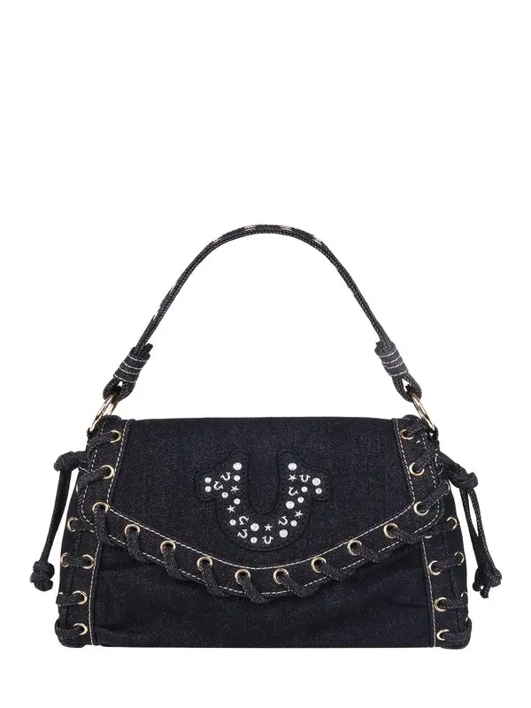 True Religion Studded Horseshoe Eyelet Denim Flap Bag - Black