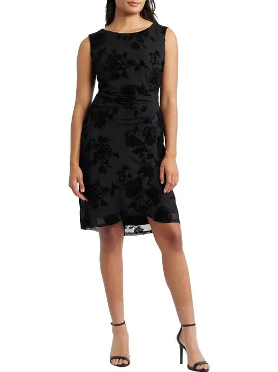 CONNECTED APPAREL Flocked Faux Wrap Dress - Black