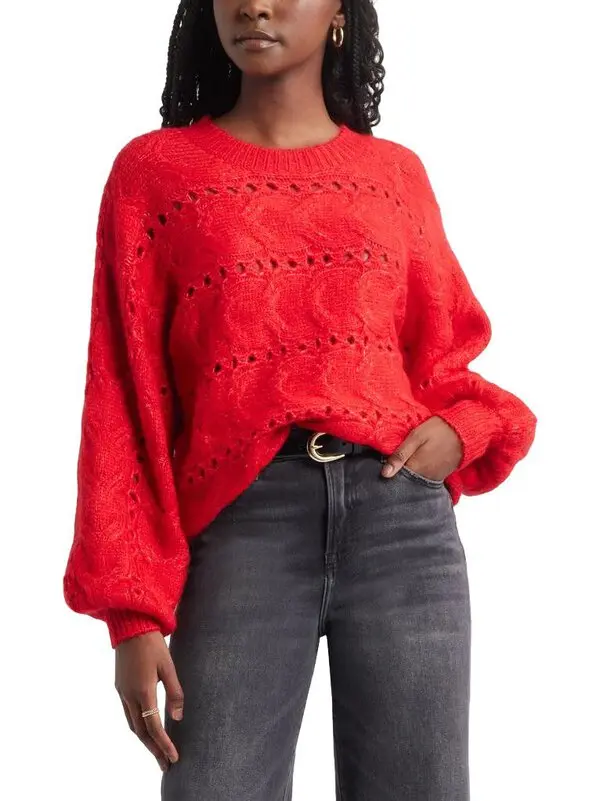 Treasure & Bond Cable Knit Crewneck Sweater - Red Barbados Cherry