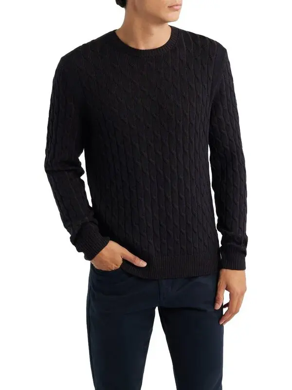JACK VICTOR Crewneck Merino Wool Cable Sweater - Navy