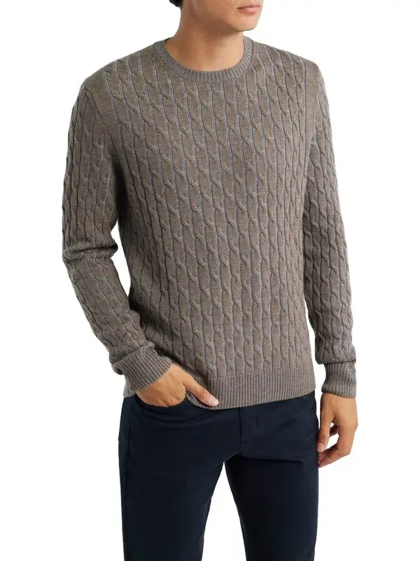 JACK VICTOR Crewneck Merino Wool Cable Sweater - Taupe