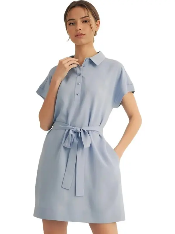 KNIT & LOUNGE Collared Short Sleeve Mini Dress With Waist Tie - Light Blue