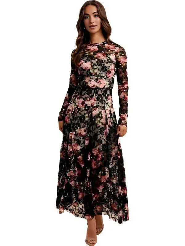KNIT & LOUNGE Floral Lace Maxi Dress With Sheer Details - Black Floral