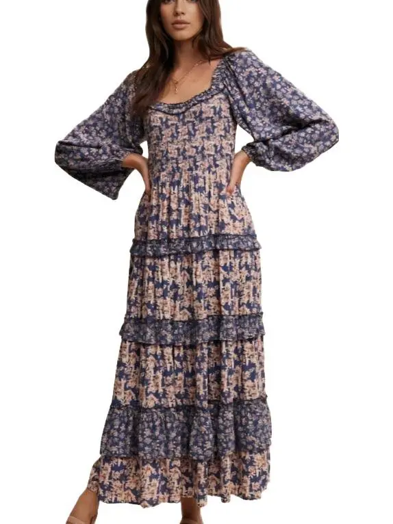 KNIT & LOUNGE Floral Ruffle Tiered Maxi Dress - Navy Blue/light Pink Floral
