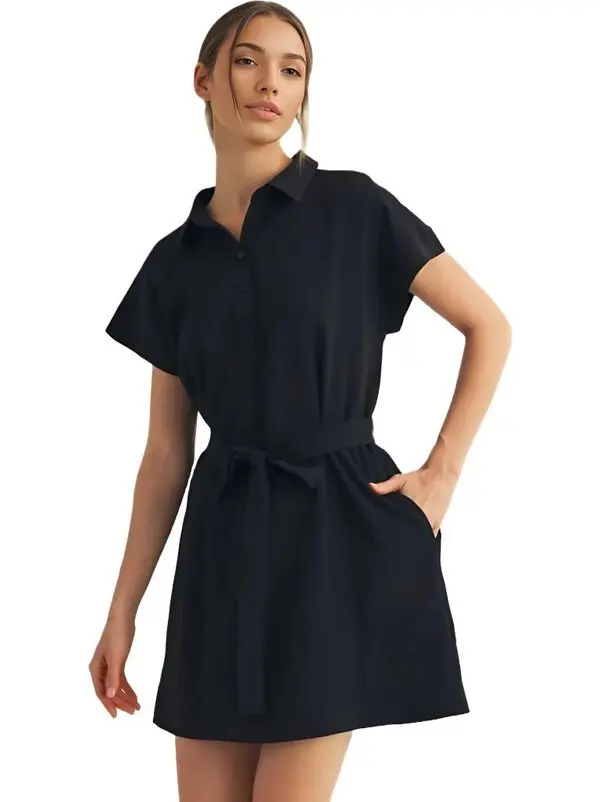 KNIT & LOUNGE Collared Short Sleeve Mini Dress With Waist Tie - Black