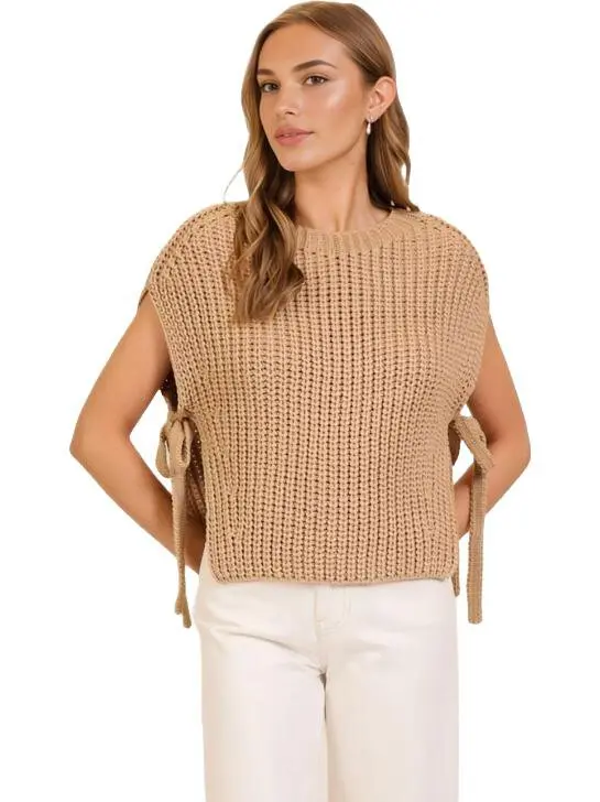 KNIT & LOUNGE Sleeveless Knit Sweater With Side Tie Detail - Camel