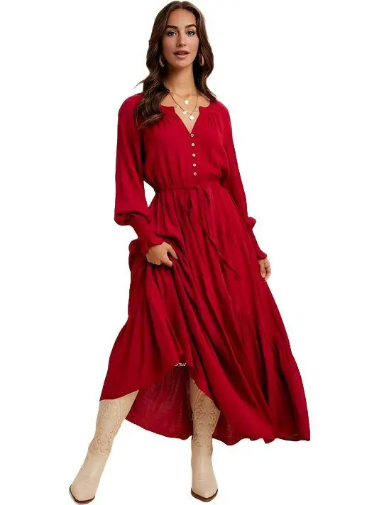 KNIT & LOUNGE Long Sleeve Maxi Dress With Front Buttons And Drawstring Waist - Burgundy