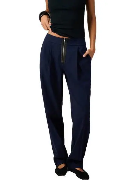 WeWoreWhat Leather-trimmed Zip Front Trousers - Navy/black