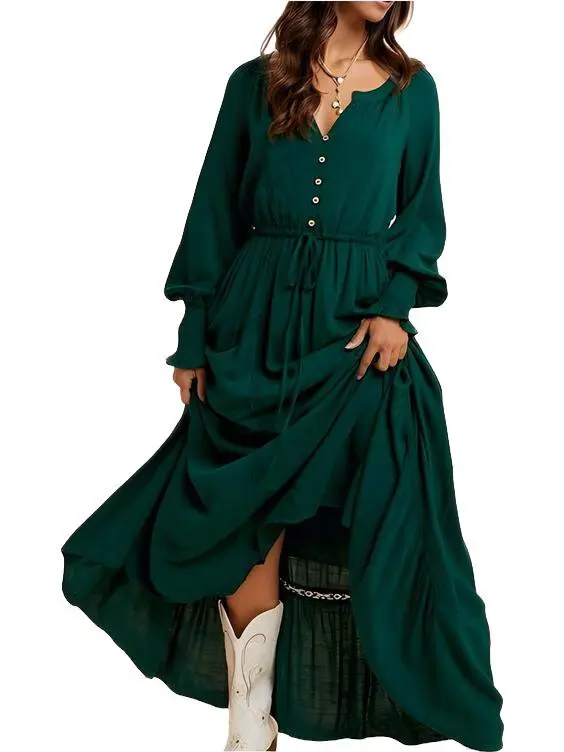KNIT & LOUNGE Long Sleeve Button Front Maxi Dress With Waist Tie - Emerald