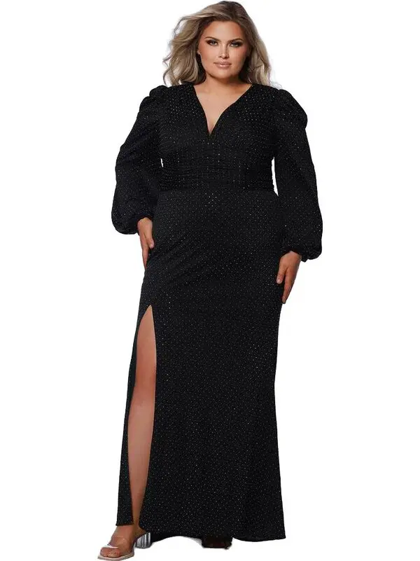 SYDNEY'S CLOSET V-neck Long Puff Sleeve Evening Gown - Black