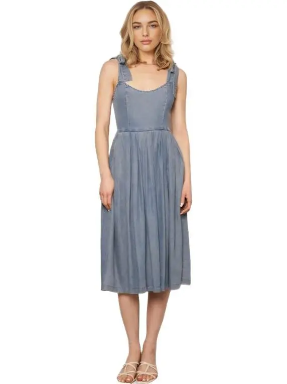 KNIT & LOUNGE Tie Straps Scoop Neck Fitted Bodice Gathered Skirt Midi Dress - Washed Blue