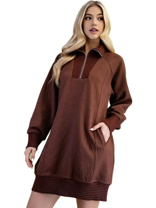 KNIT & LOUNGE Textured Knit Half-zip Dress With Ribbed Trim - Chocolate Brown
