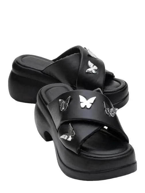 PROLOGUE SHOES Butterfly-buckle Platform Sandals - Black Faux Leather