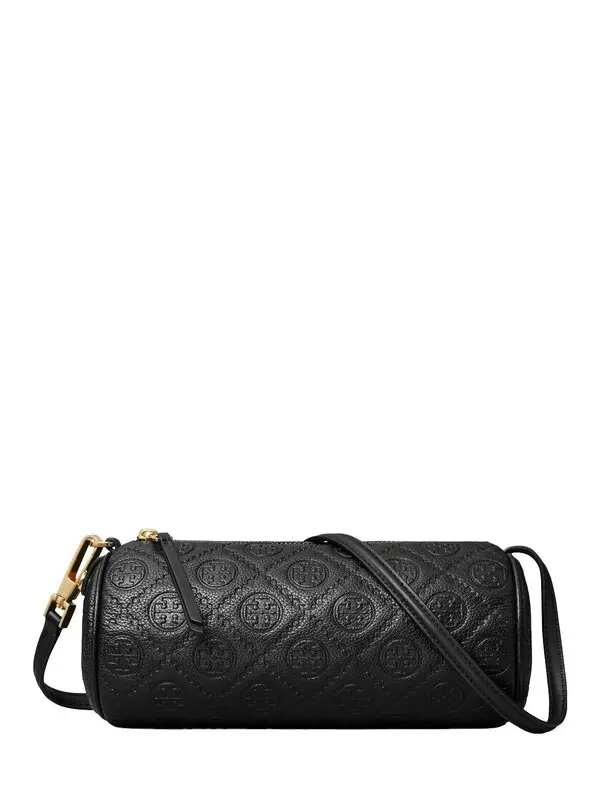 Tory Burch T Monogram Pebble Leather Cylinder Shoulder Bag - Black