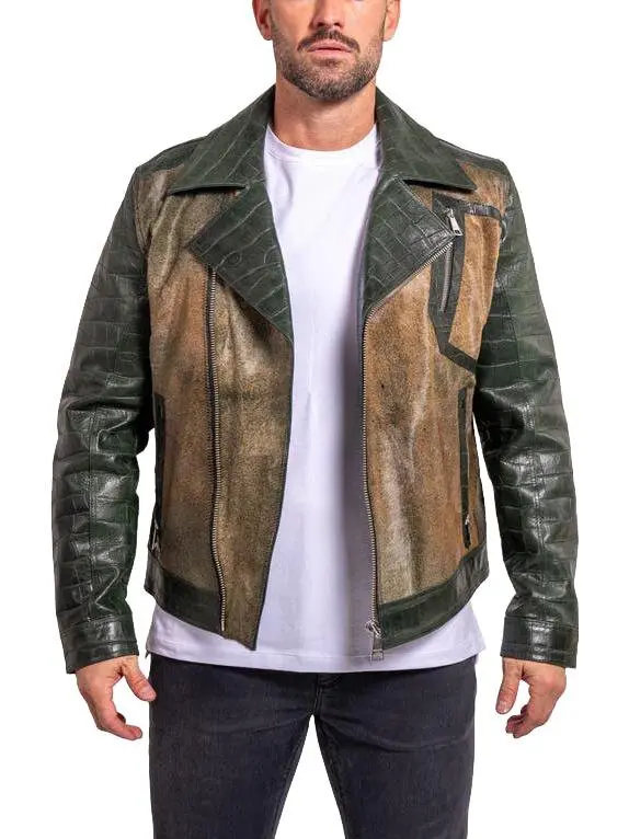 MACEOO Ascension0026 Genuine Calf Hair & Croc Print Leather Jacket - Green