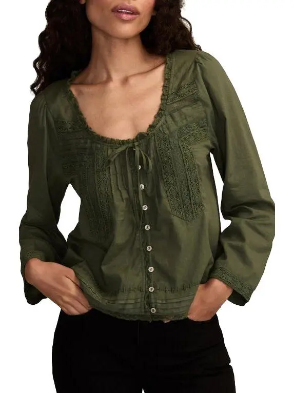 Lucky Brand Lace Trim Long Sleeve Swing Top - Climbing Ivy