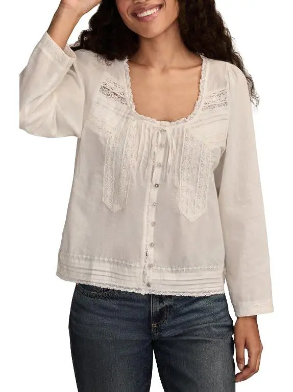 Lucky Brand Lace Trim Long Sleeve Swing Top - Whisper White