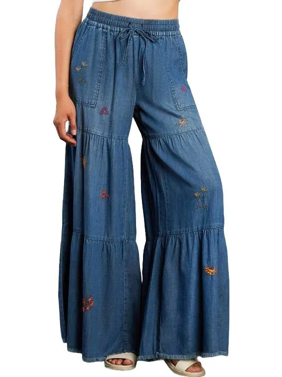 BILLY T Embroidered Wide-leg Denim Pants - Fancy Denim