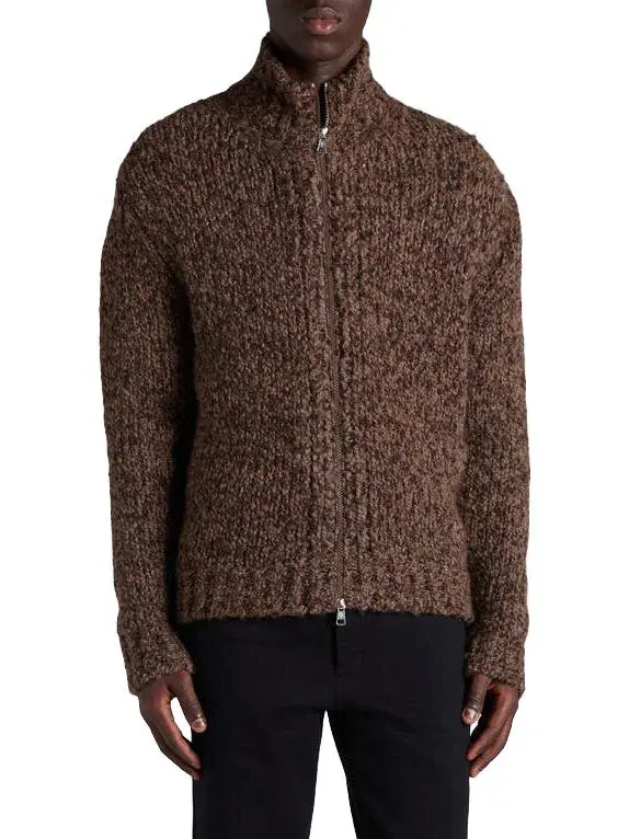 Moncler Wool And Alpaca Bouclé Full Zip Cardigan - Black Coffee