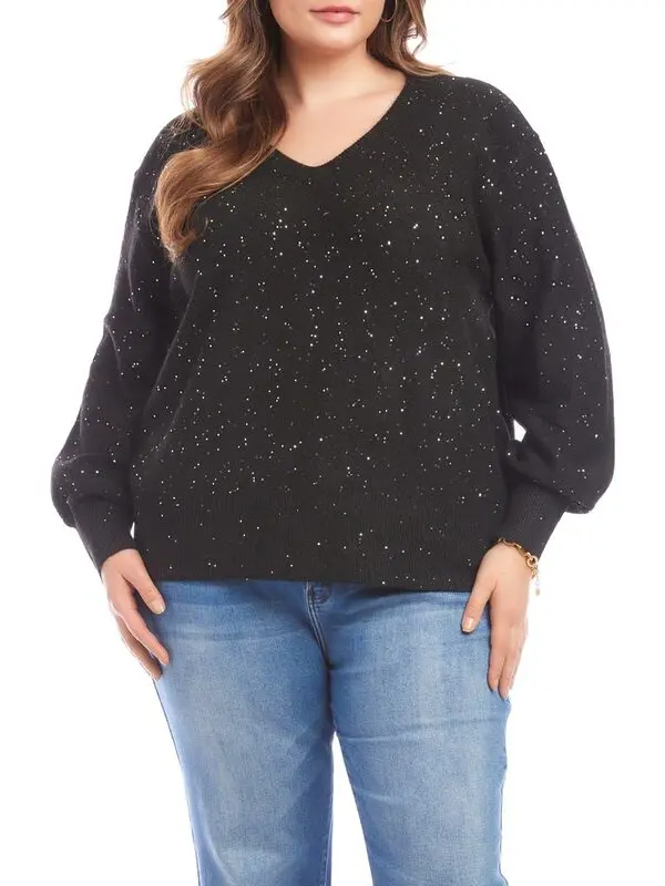 Karen Kane Sequin V-neck Sweater - Black