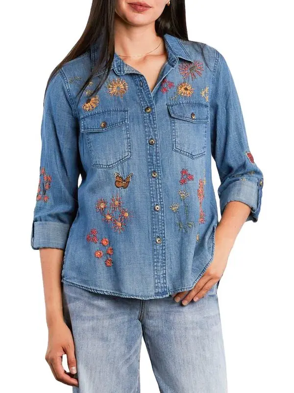 BILLY T Happy Garden Roll Tab Sleeve Shirt - Denim
