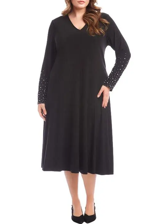Karen Kane Embellished Long Sleeve Jersey Midi Dress - Black