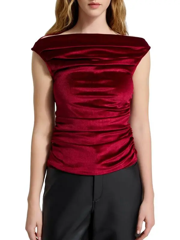 MARCELLA Cooper Ruched Off-the-shoulder Velvet Top - Crimson