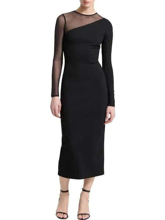 MARCELLA Milo Long Sleeve Mesh & Ponte Column Dress - Black