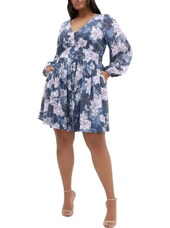 City Chic Floral Long Sleeve Dress - Silver Blossom