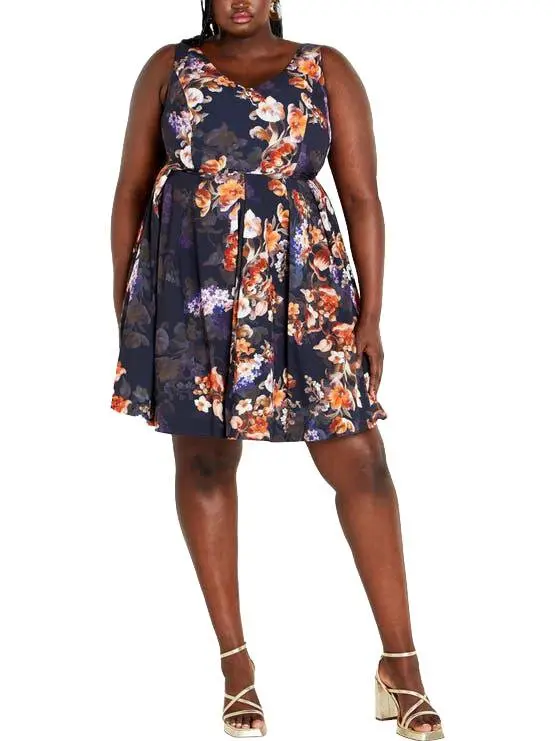 City Chic Ora Sleeveless Fit & Flare Mini Dress - Navy Print