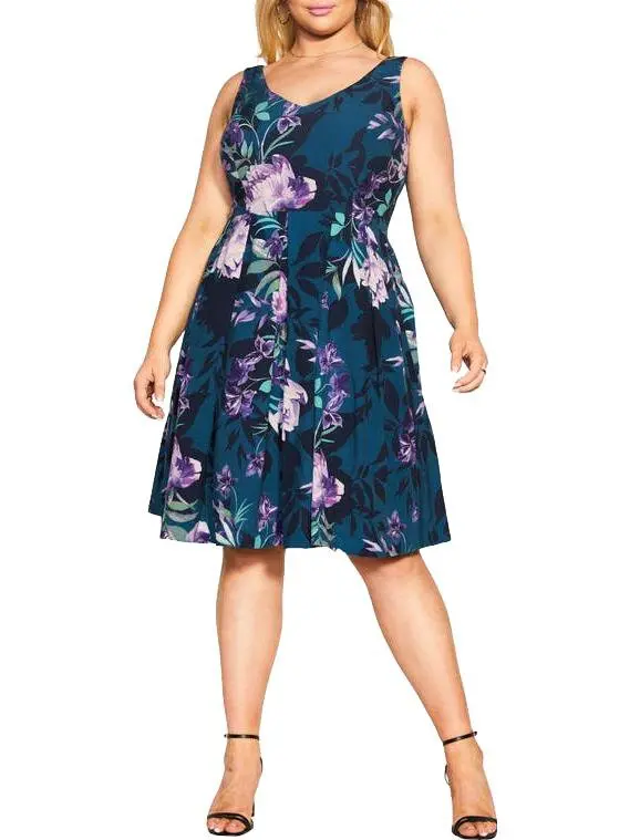 City Chic Ora Sleeveless Fit & Flare Mini Dress - Teal Bloom