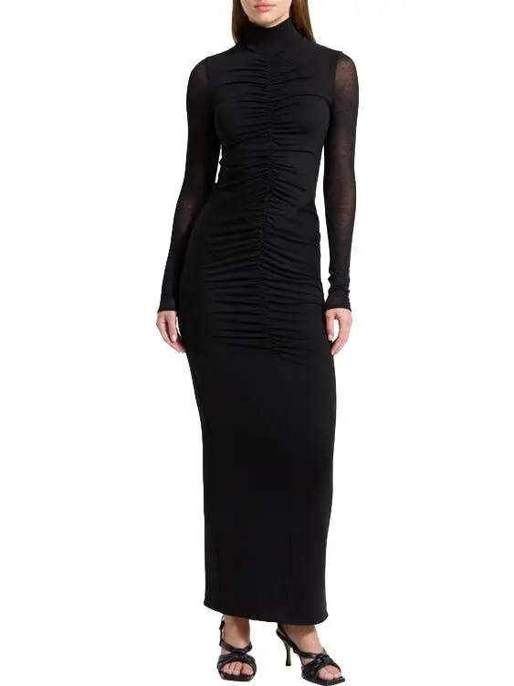 MARCELLA Athena Center Ruched Long Sleeve Dress - Black
