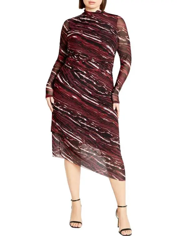 City Chic Zariyah Print Long Sleeve Body-con Midi Dress - Red Print