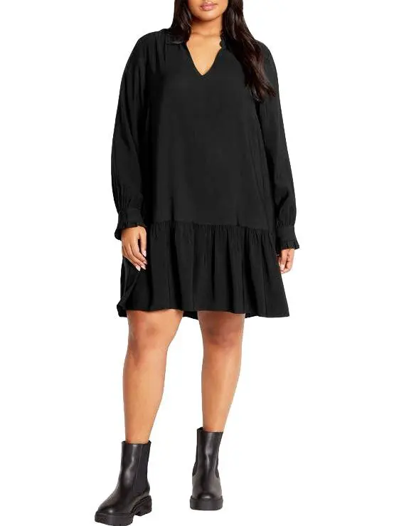 City Chic Vita Long Sleeve Ruffle Hem Dress - Black