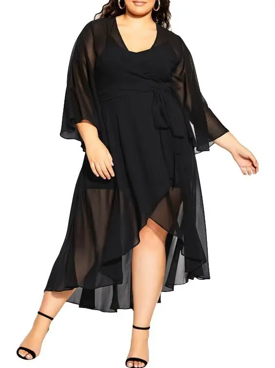 City Chic Long Sleeve Sheer Chiffon Maxi Wrap Dress - Black