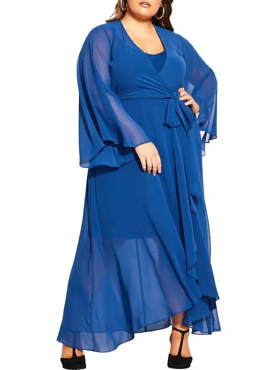 City Chic Long Sleeve Sheer Chiffon Maxi Wrap Dress - Blue