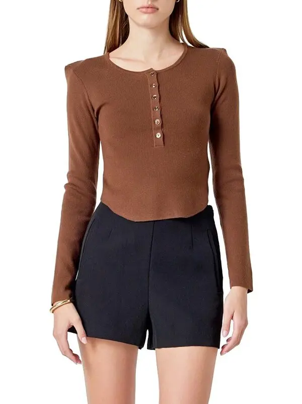 Endless Rose Shoulder Pad Rib Knit Top - Brown