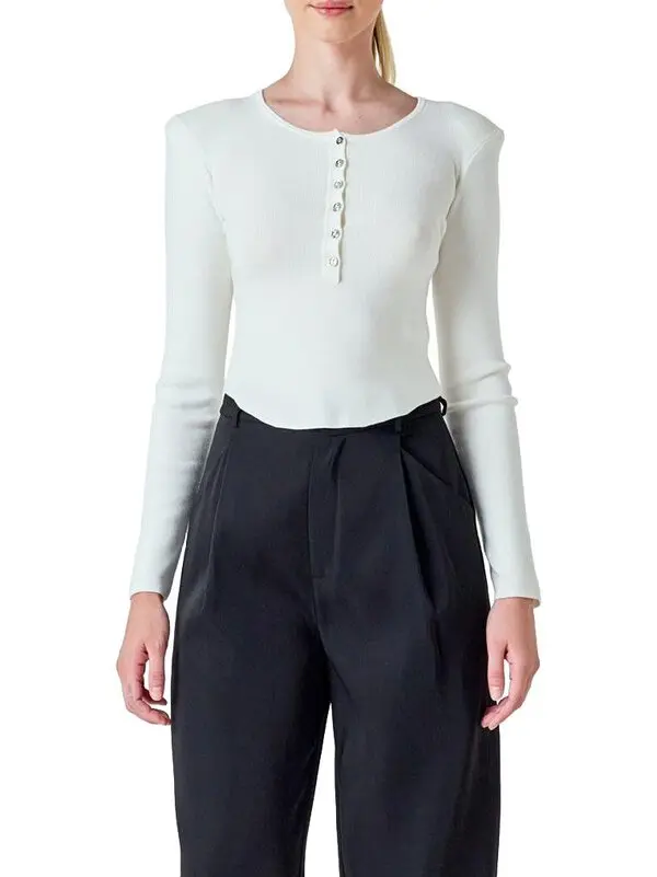Endless Rose Shoulder Pad Rib Knit Top - Ivory