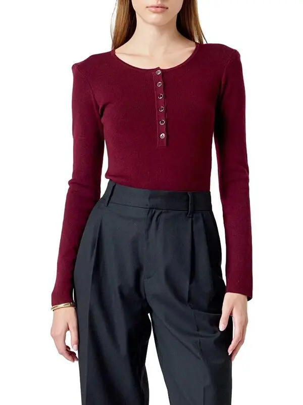 Endless Rose Shoulder Pad Rib Knit Top - Maroon