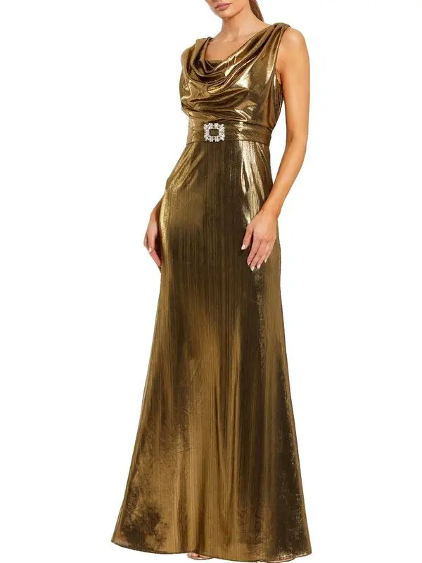 Mac Duggal Metallic Sleeveless Trumpet Gown With Cowl Neckline - Antique Gold