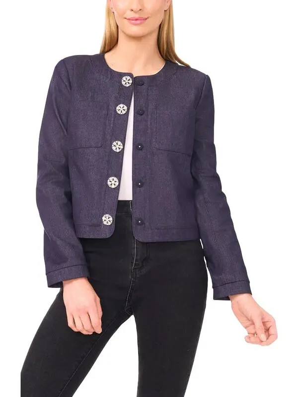 CECE DUPRAZ Rhinestone Snap Cotton-blend Jacket - Classic Navy