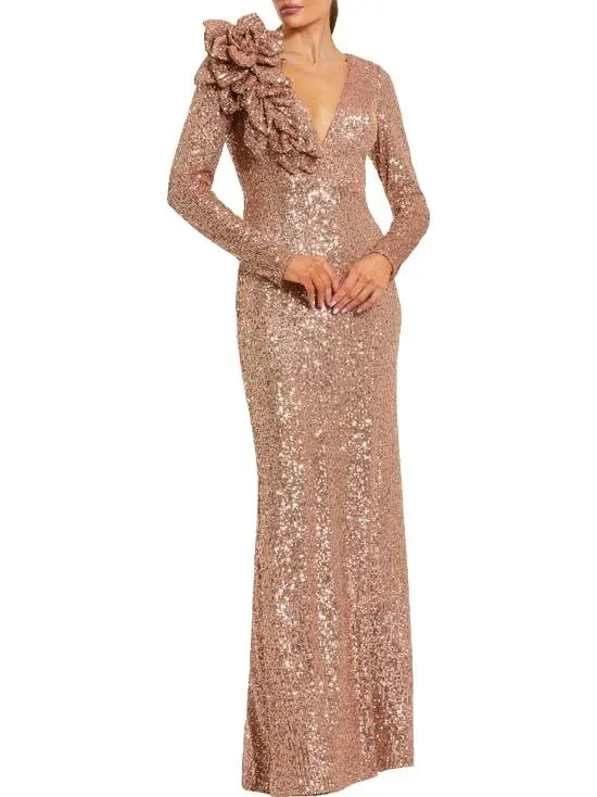 Mac Duggal Sequin Gown With Floral Detail - Copper