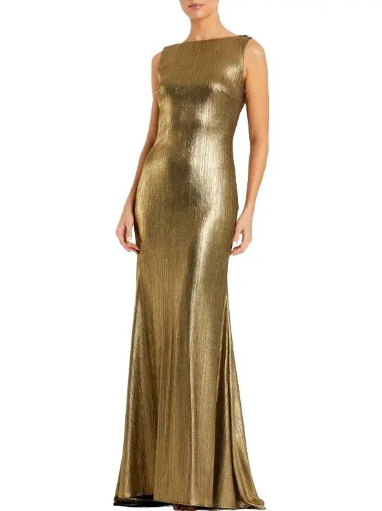 Mac Duggal Metallic Jersey Cowl Back Column Gown - Gold