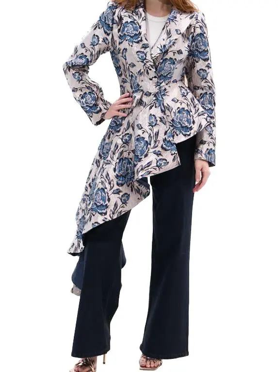AZALEA WANG Metallic Floral Jacquard Asymmetric Blazer - Beige Multi