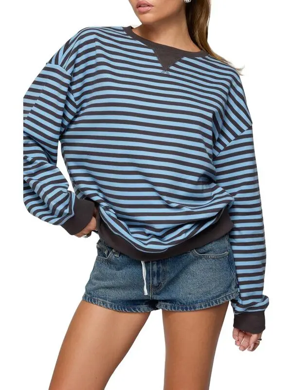 EDIKTED Onda Stripe Oversize Sweatshirt - Blue