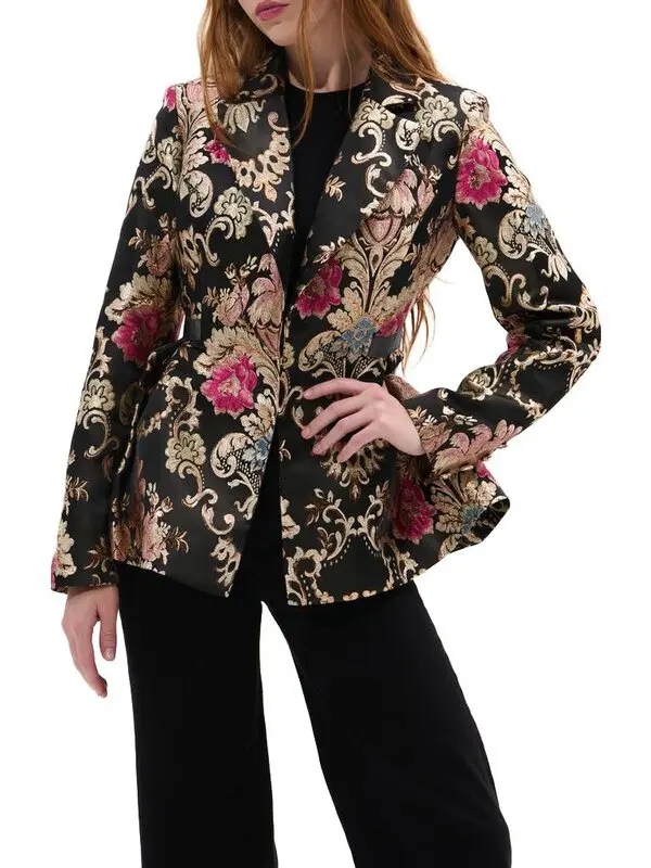 AZALEA WANG Floral Jacquard Peplum Blazer - Black Multi